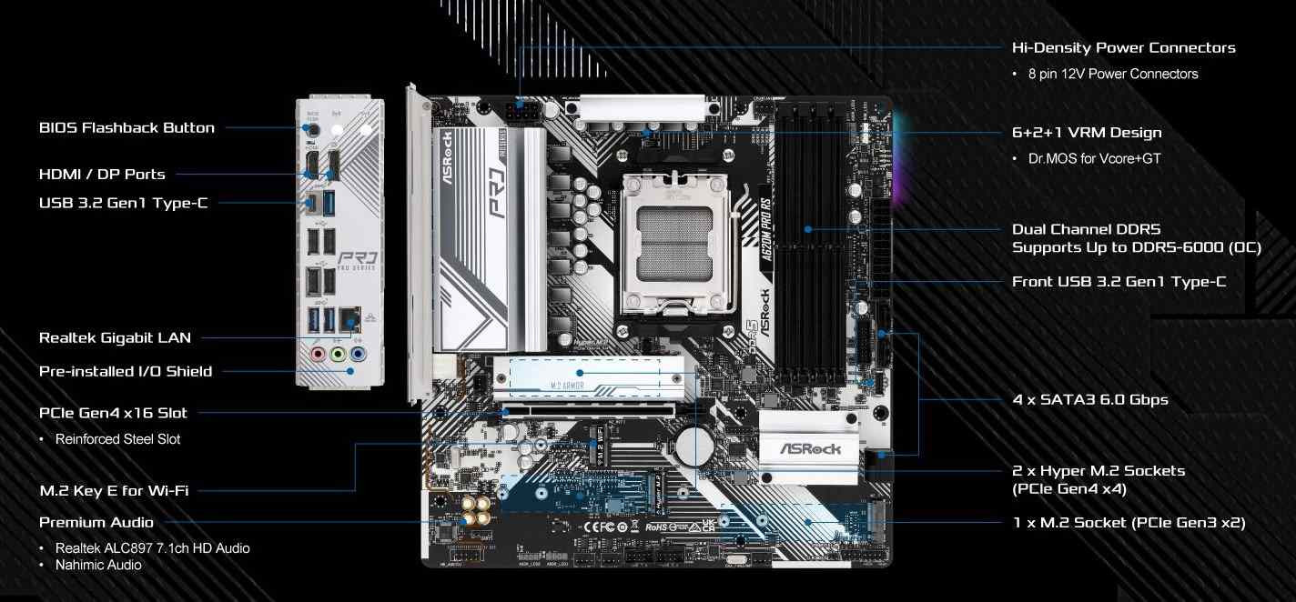 ASRock MB Sc AM5 A620M Pro RS, AMD A620, 4xDDR5, HDMI, DP, HDMI, DP ...